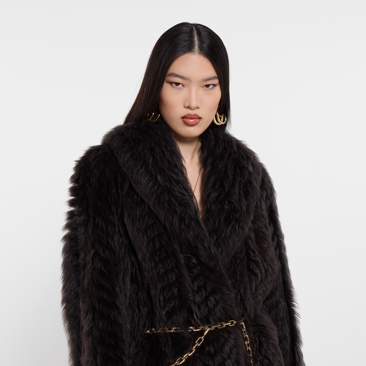 Soft long shearling coat in dark brown | GUCCI® US