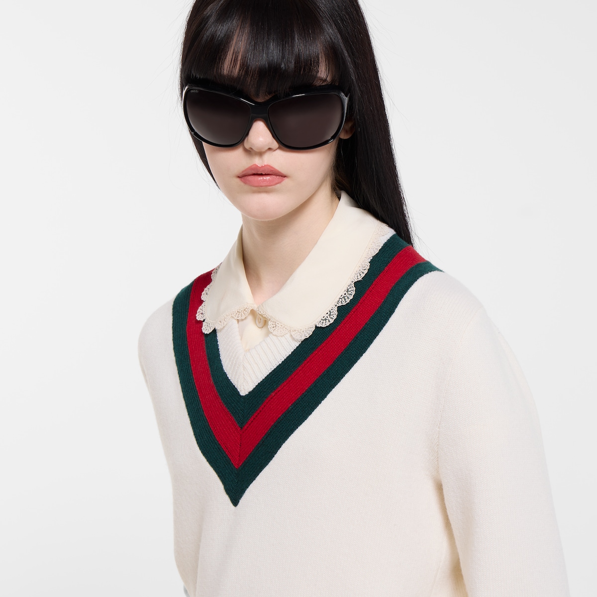 Fine knit wool sweater with Web in ivory | GUCCI® UK
