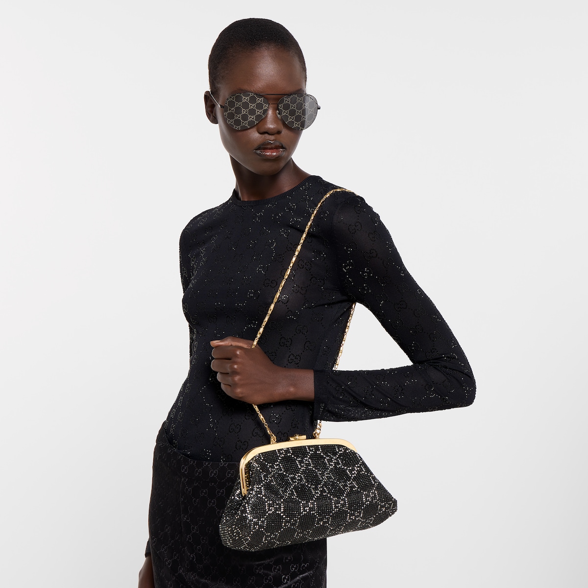 Crystal medium evening top handle bag in black and silver GG crystal ...