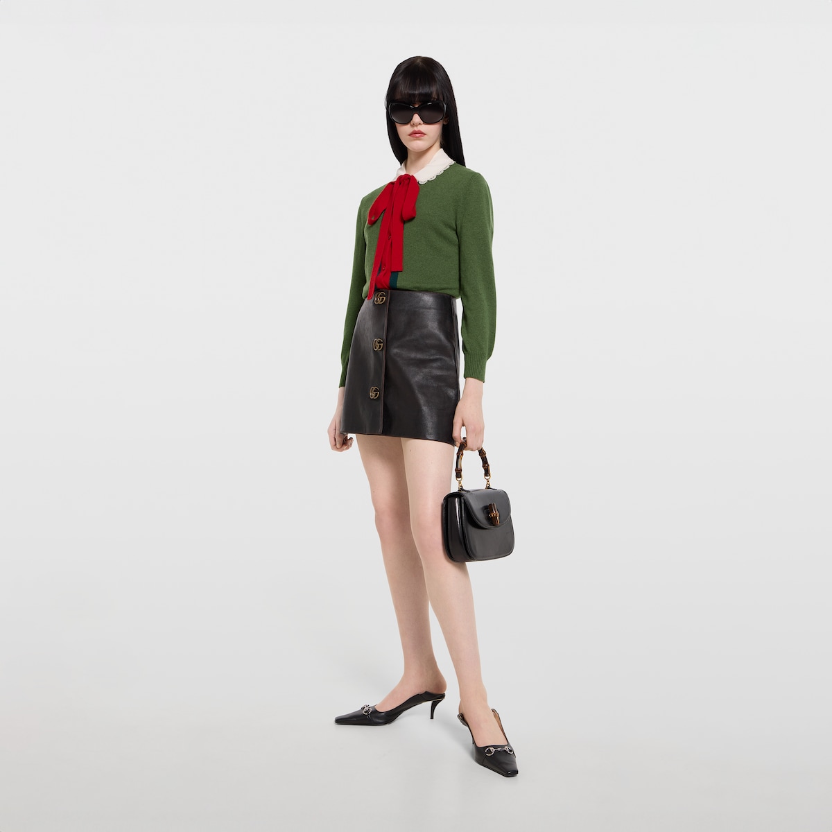 Knit wool cashmere cardigan with Web in green | GUCCI® SG