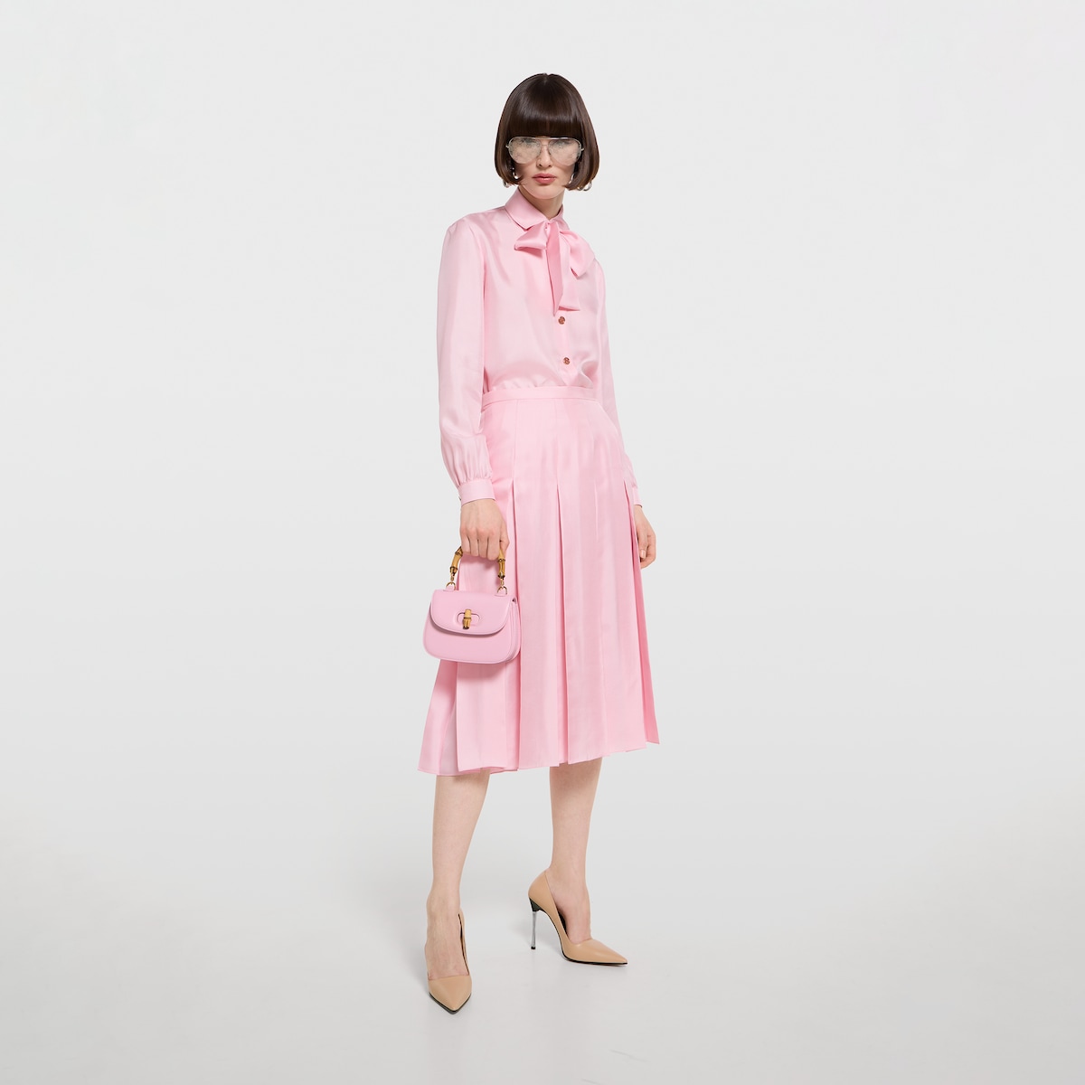 Silk twill pleated midi skirt in light pink | GUCCI® DK