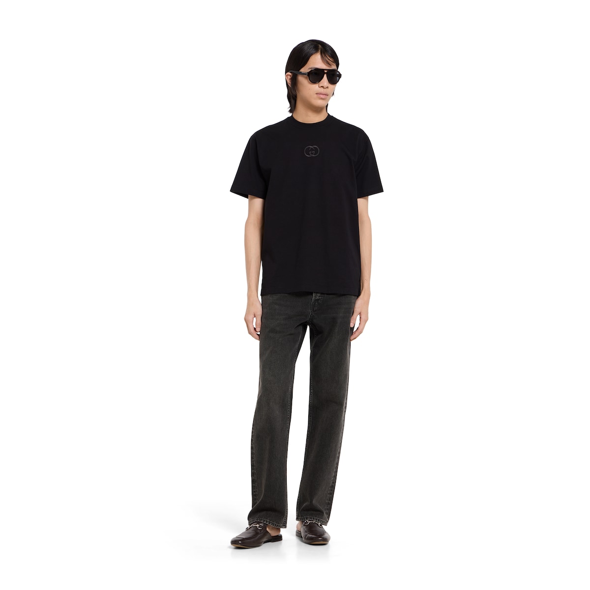 Cotton jersey T-shirt with embroidery in black | GUCCI® BG