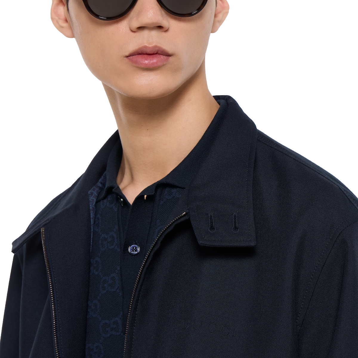 Wool twill zip jacket with logo detail in dark blue | GUCCI® ZA