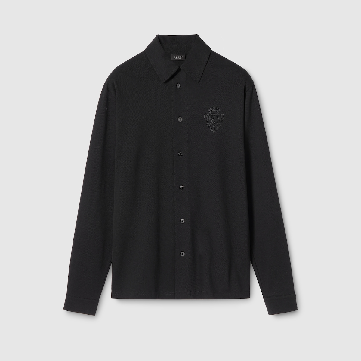 Cotton piquet shirt with embroidery in black | GUCCI® NL