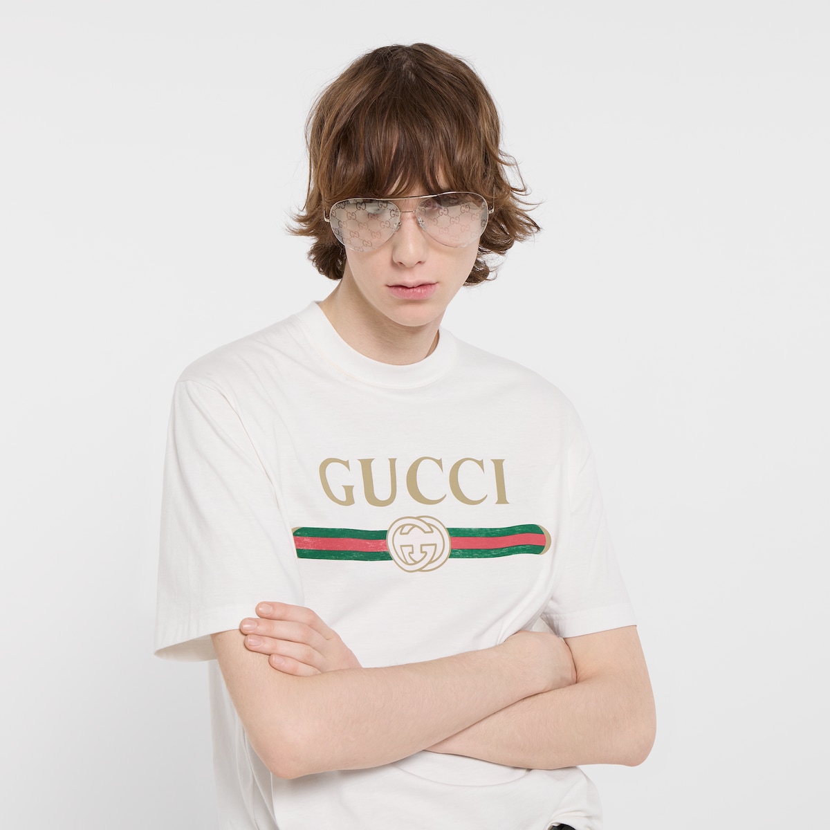 Silk blend jersey T-shirt with print in off white | GUCCI® UK