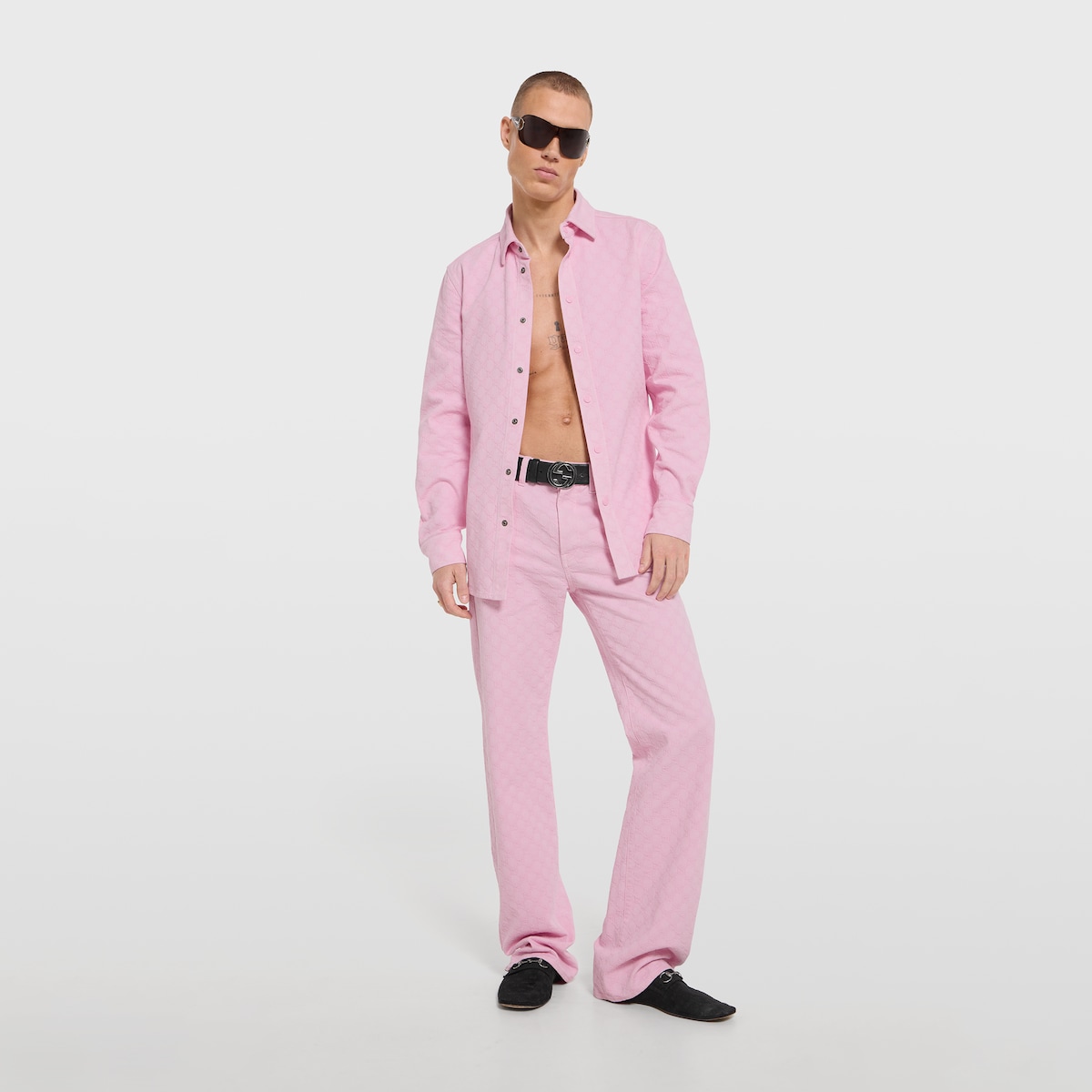 Dyed GG cotton denim jacquard shirt in light pink | GUCCI® IE