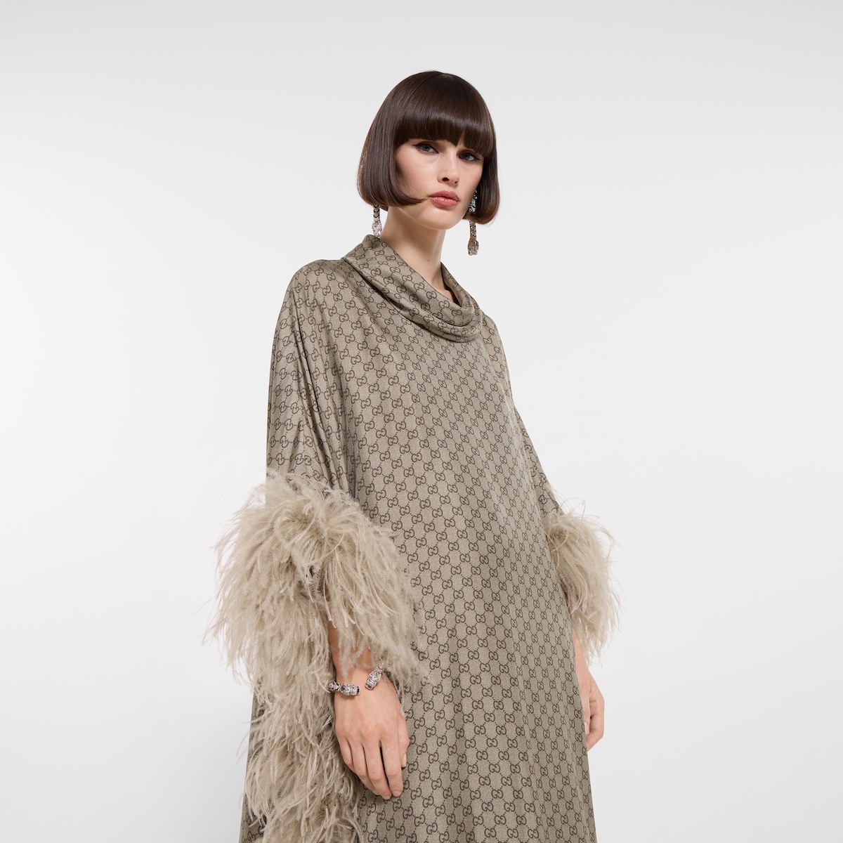 Printed silk twill long dress in beige and dark brown | GUCCI® NZ