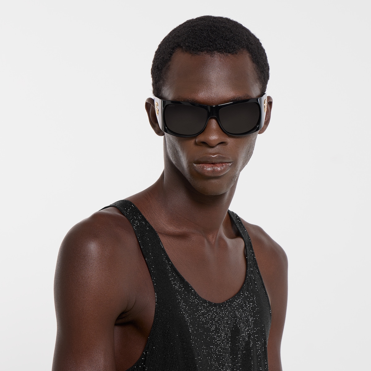 Silk chiffon tank top with crystals in black | GUCCI® UK