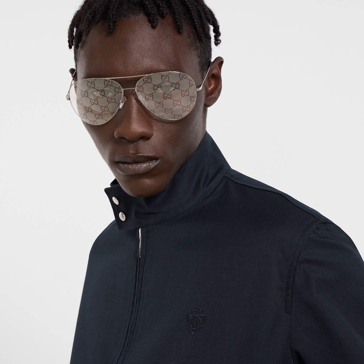 Cotton twill zip jacket with Web indark blue | GUCCI® International