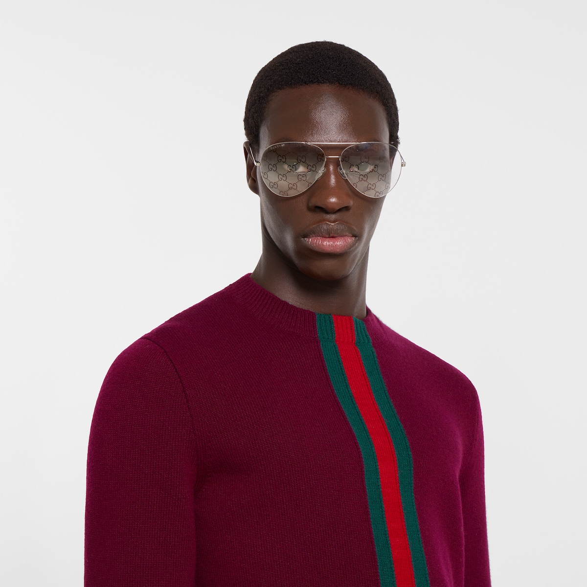 Knit wool sweater with Web intarsia in bordeaux | GUCCI® SG