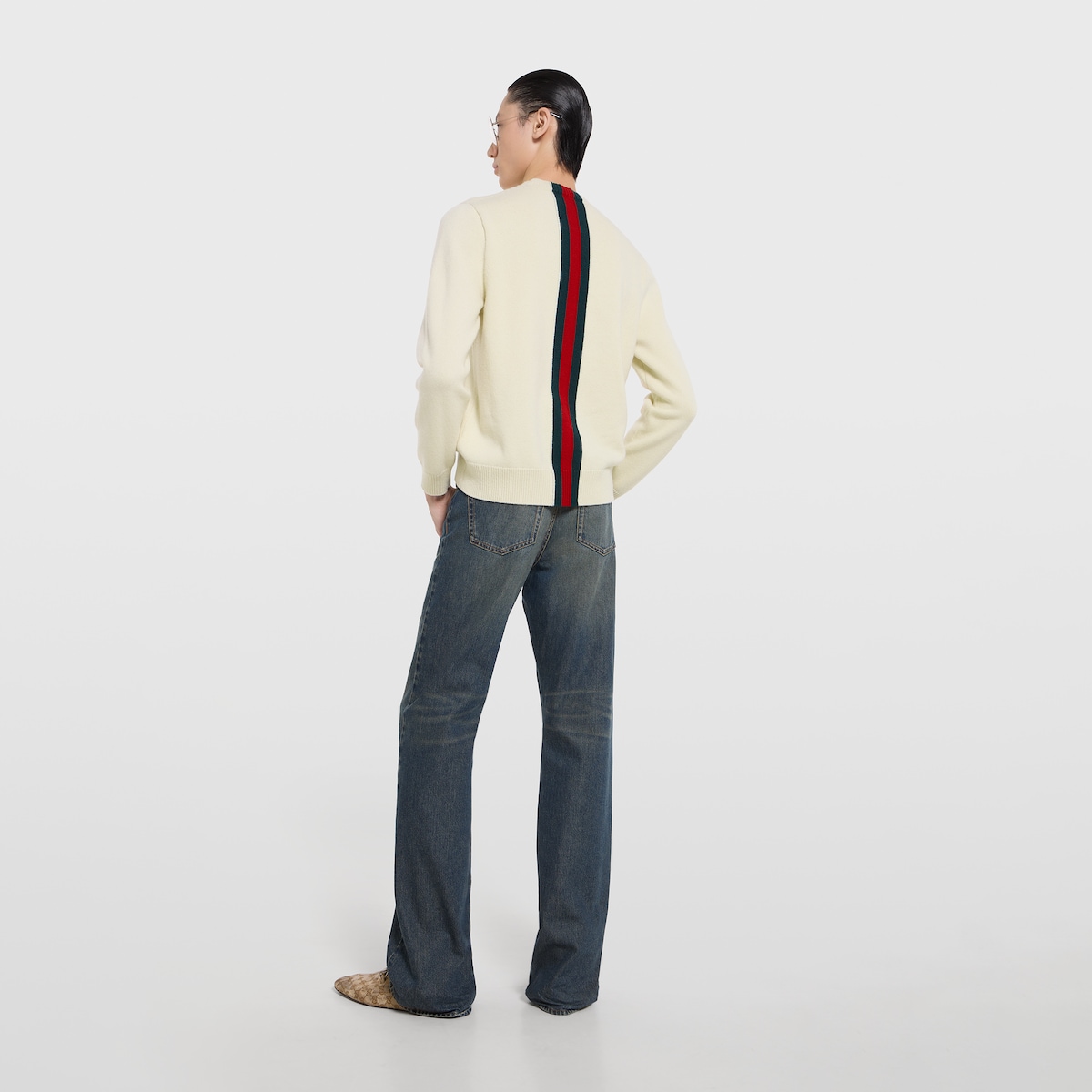 Knit wool sweater with Web intarsia in ivory | GUCCI® UK