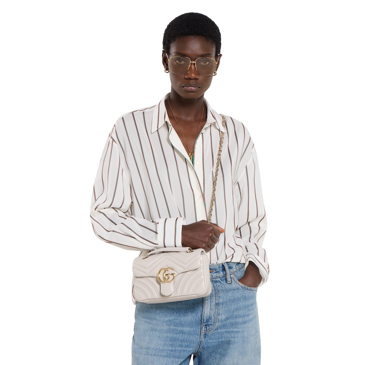 GG Marmont small shoulder bag in light grey leather | GUCCI® SG