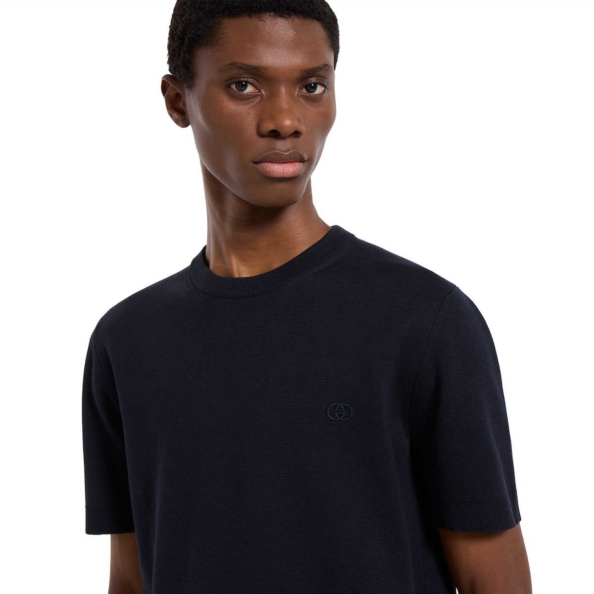 Silk cotton T-shirt with embroidery in dark blue | GUCCI® CA