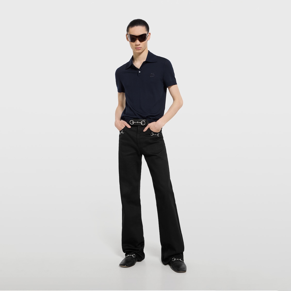 Knit wool polo shirt with embroidery in dark blue | GUCCI® SG