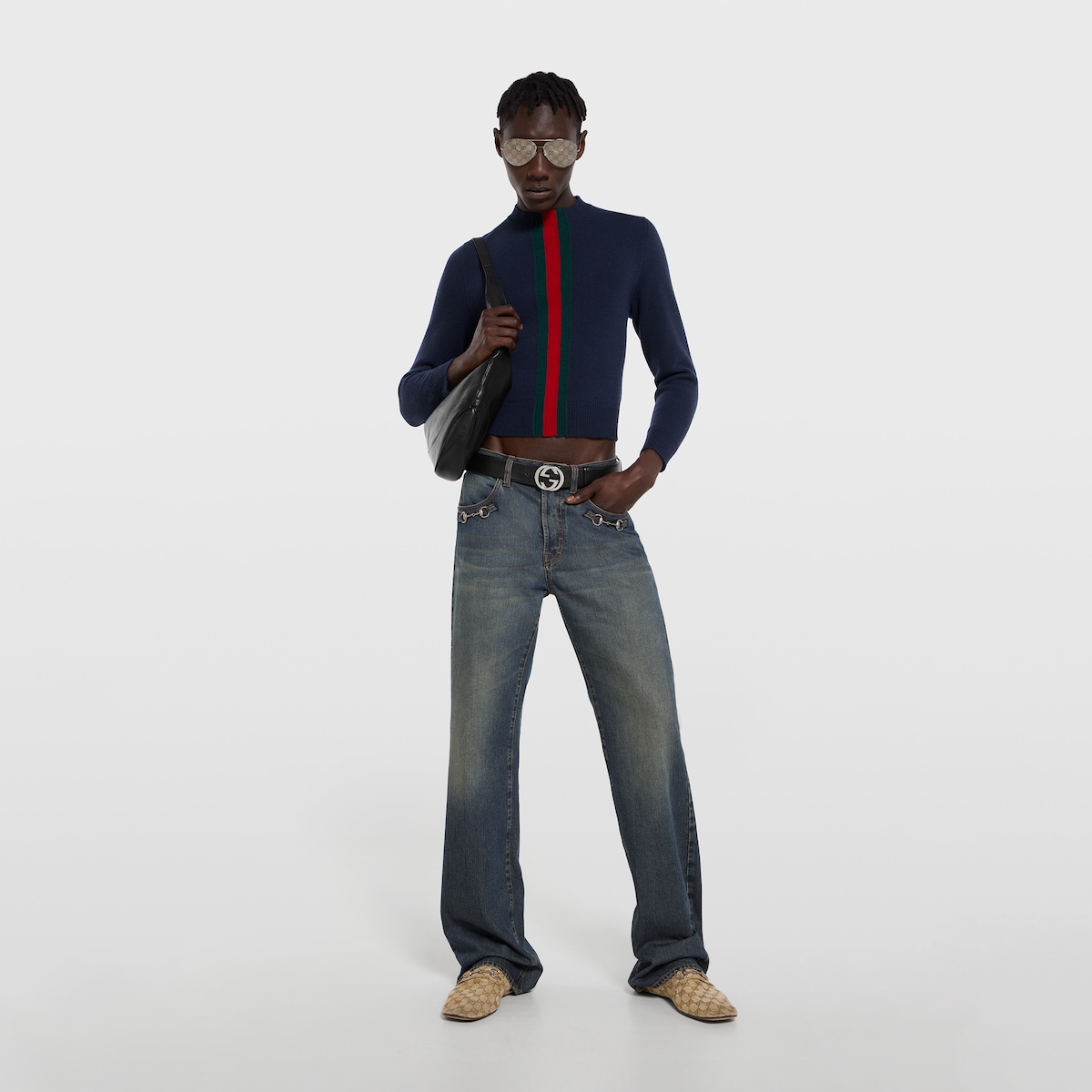 Fine knit wool sweater with Web in blue | GUCCI® UK