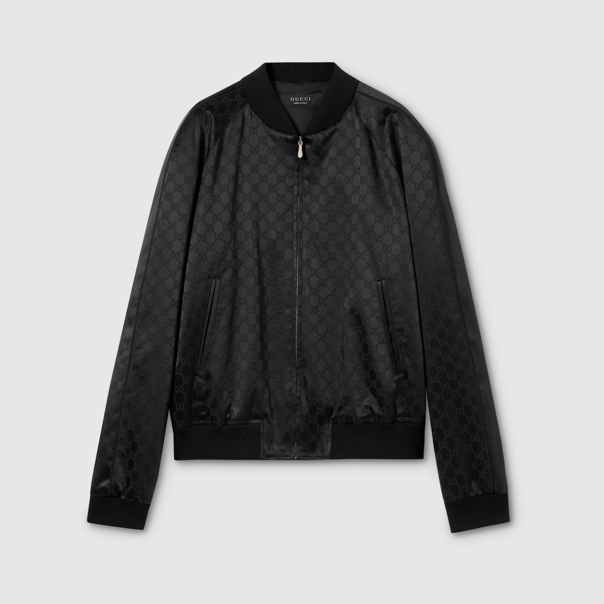 GG cotton satin zip jacket with piping in black | GUCCI® TR