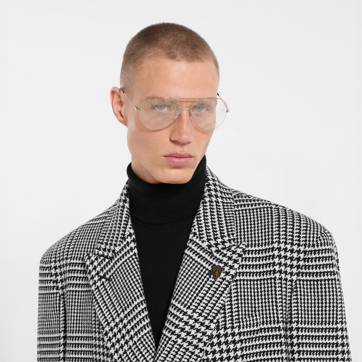 Double-breasted Prince of Wales wool coat in white and black | GUCCI® SG