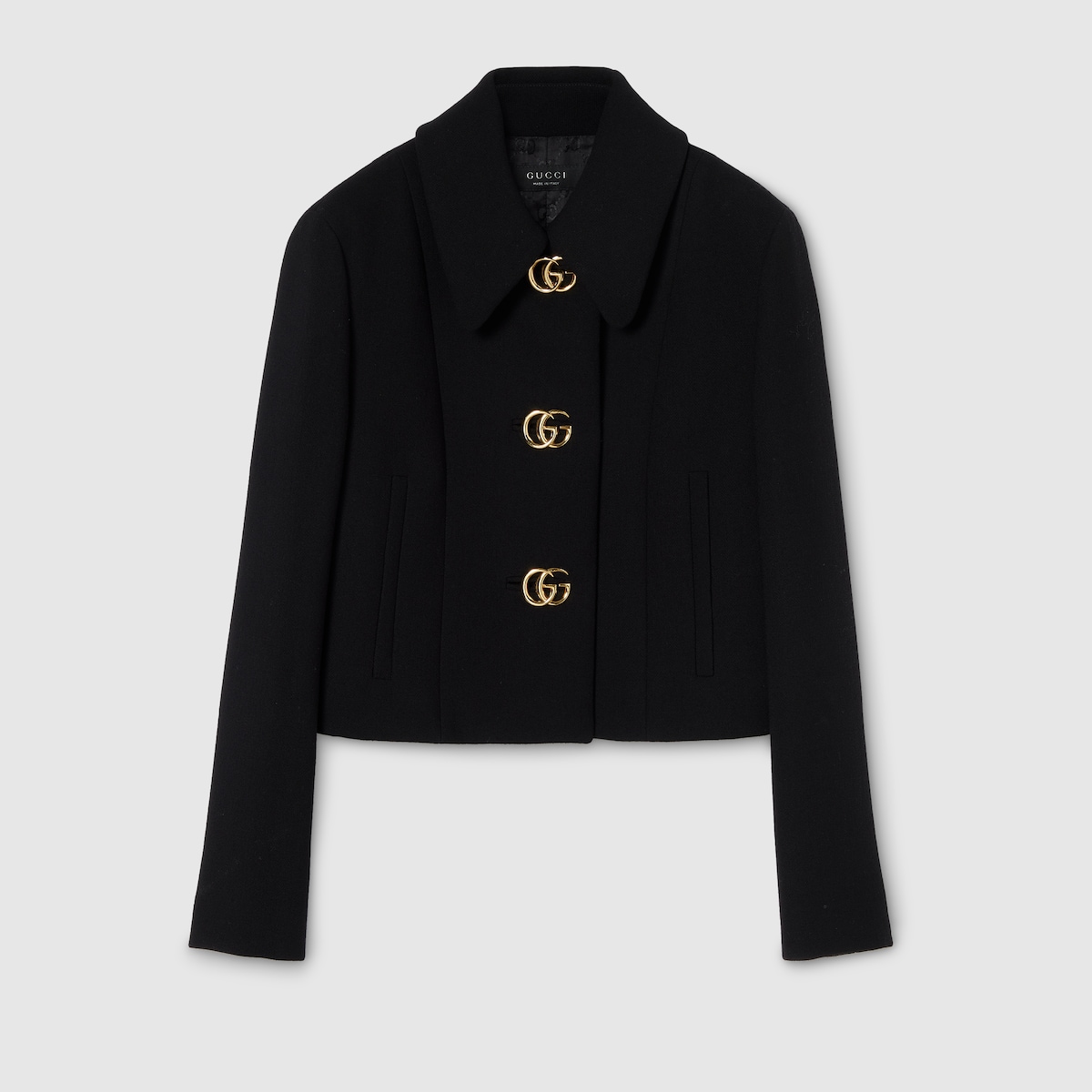 Crêpe wool jacket with Double G button in black | GUCCI® QA