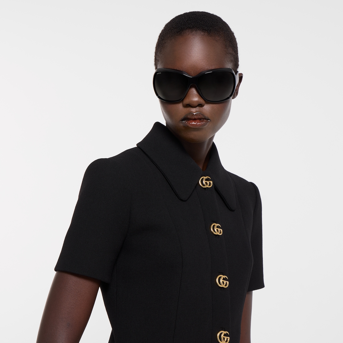 Crêpe wool dress with Double G button in black | GUCCI® BE
