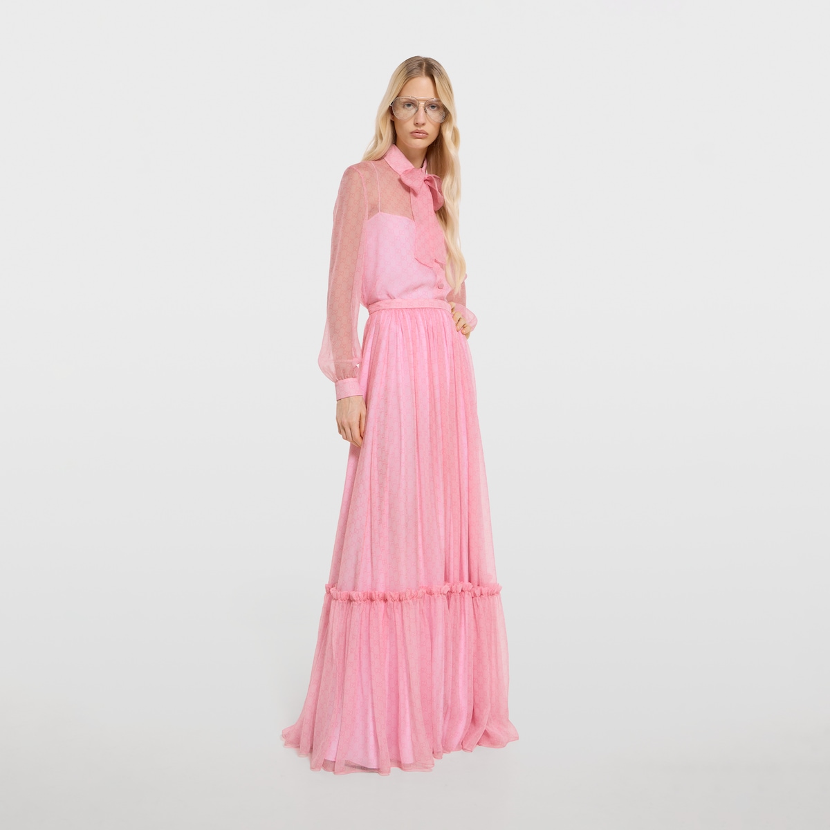 Printed silk chiffon long skirt in light pink | GUCCI® ZA
