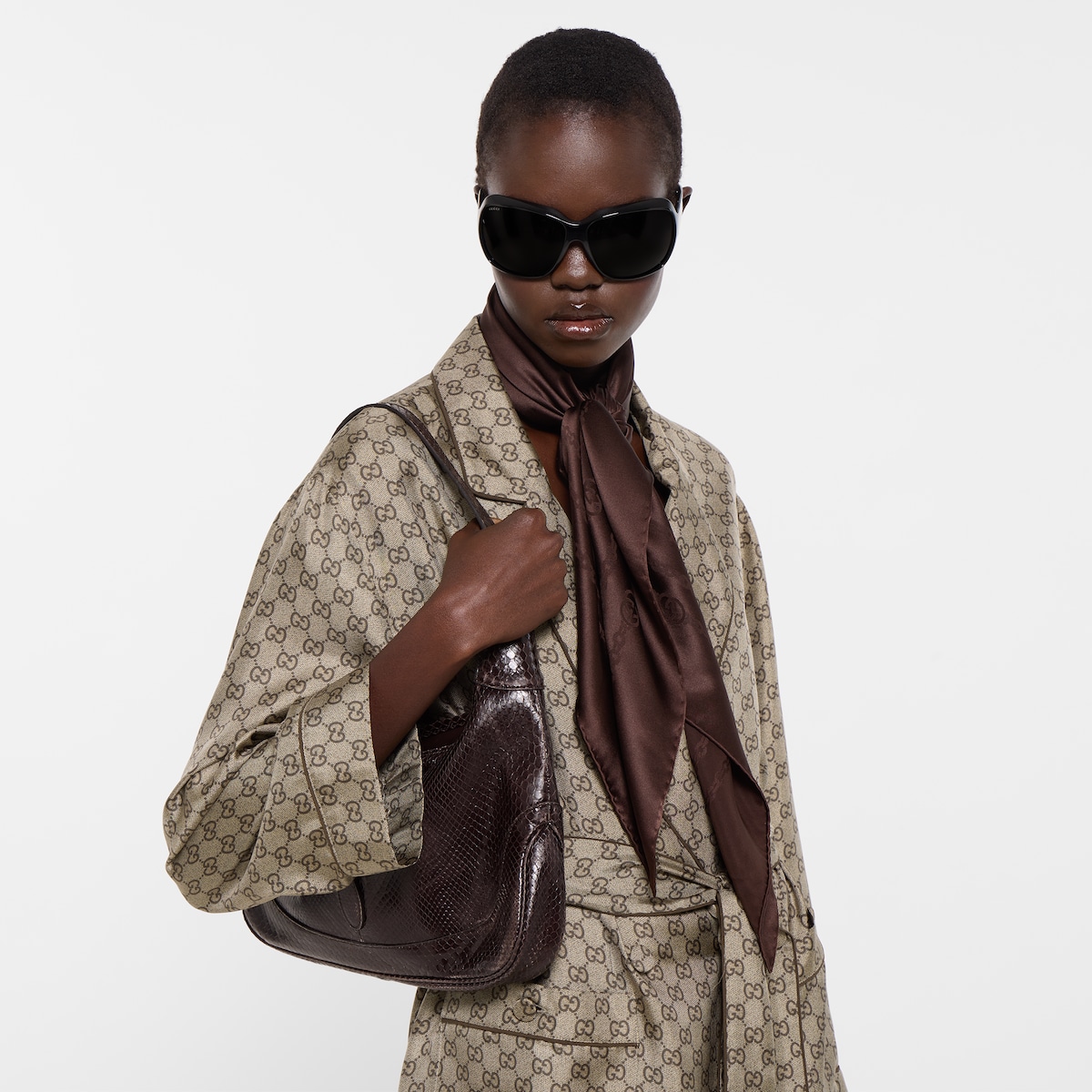 Interlocking G chain silk diamond scarf in brown | GUCCI® UK