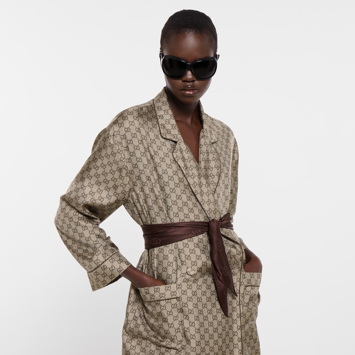 Interlocking G chain silk diamond scarf in brown | GUCCI® US