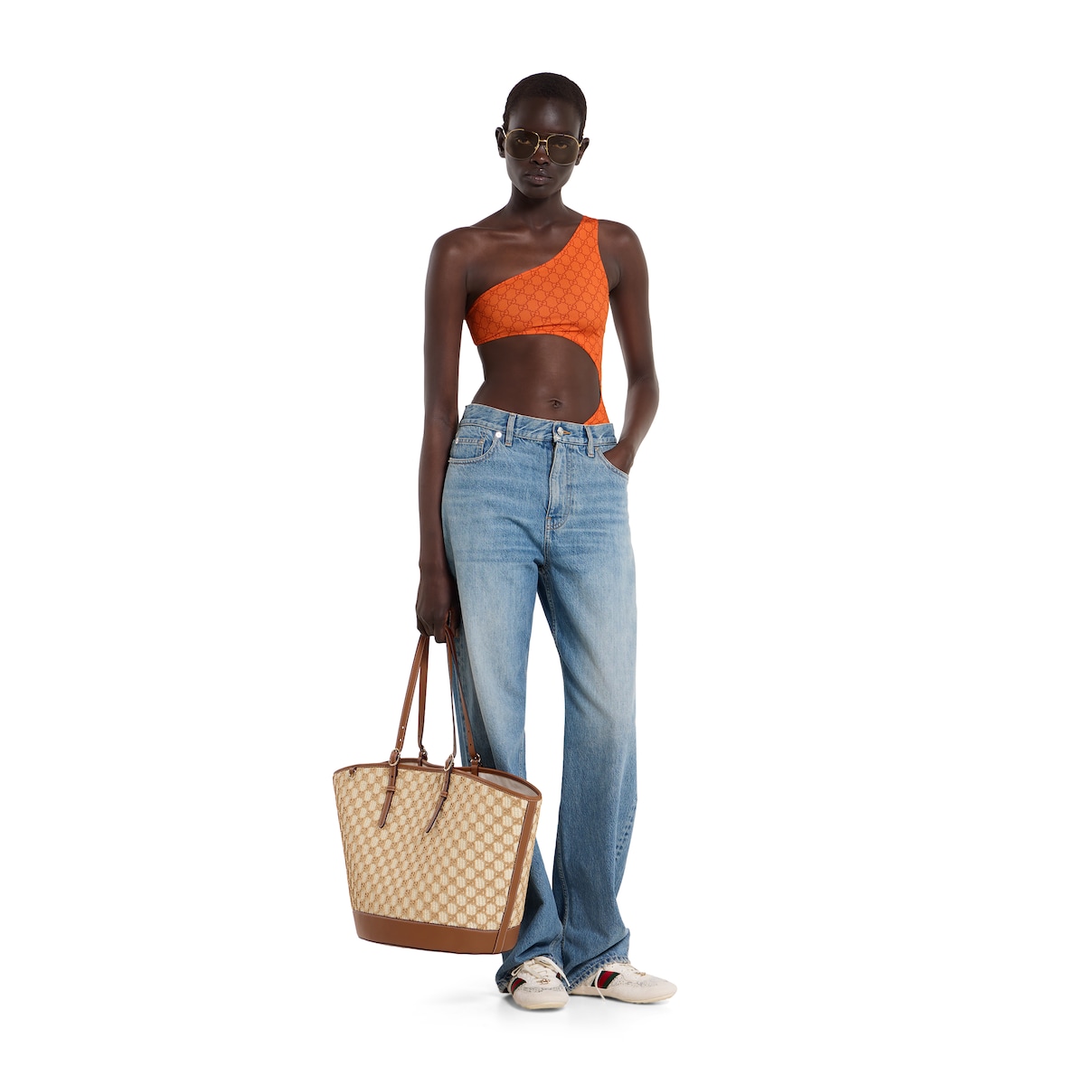 Printed stretch jersey bodysuit in orange | GUCCI® UK