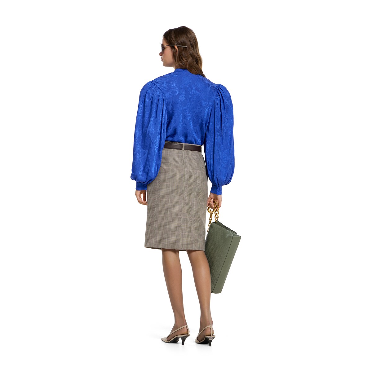 Silk twill jacquard shirt with ruffle trim in blue | GUCCI® SE