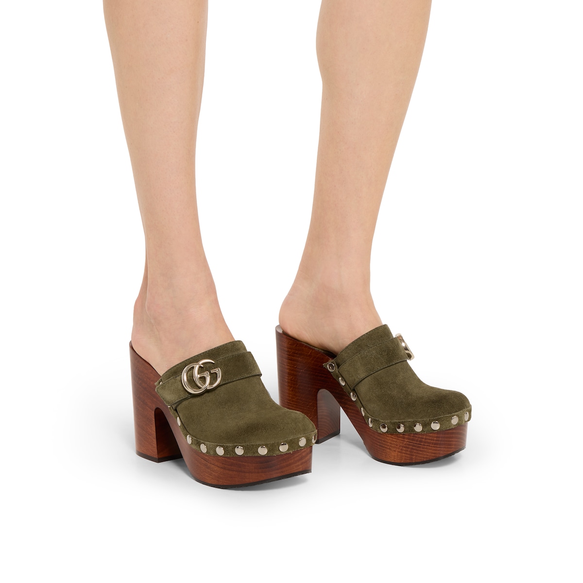 Women's platform clog with Double G in forest green suede | GUCCI® DK