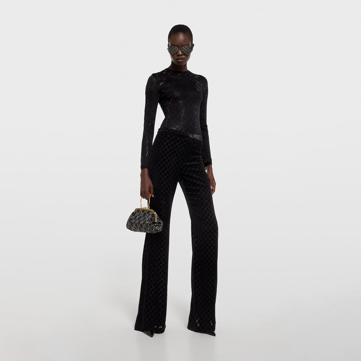 Crystal medium evening top handle bag in black and silver GG crystal ...