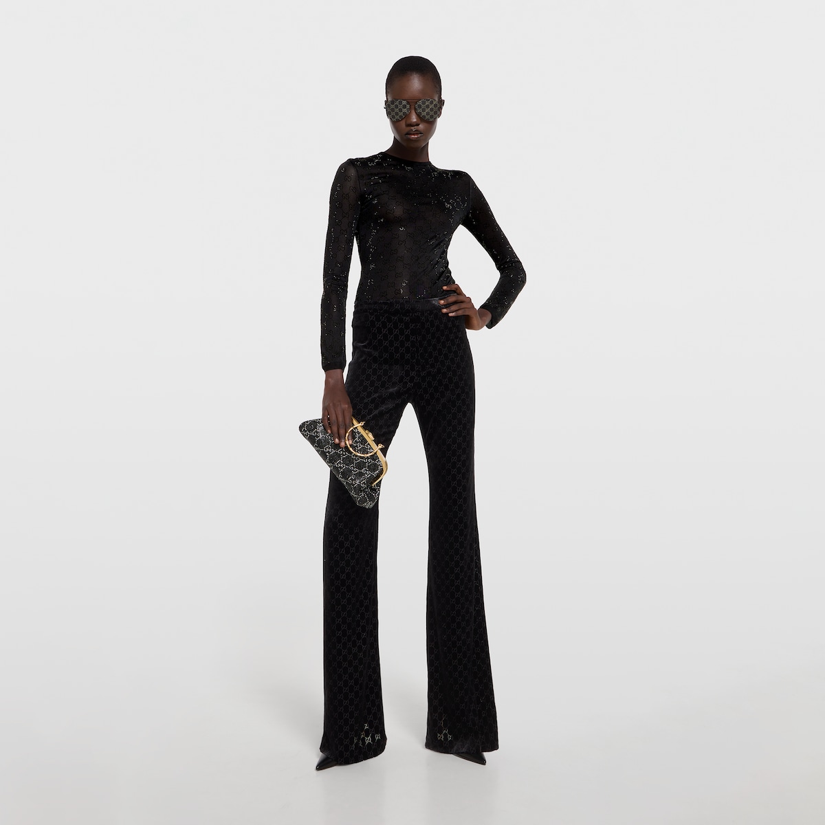 Crystal medium evening top handle bag in black and silver GG crystal ...