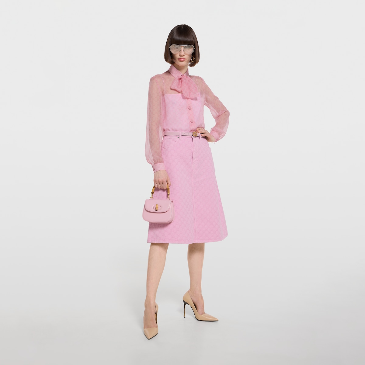 GG cotton denim jacquard skirt in light pink | GUCCI® INT