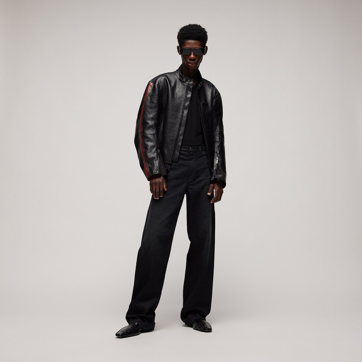 Leather biker jacket with Web detail in black | GUCCI® SA