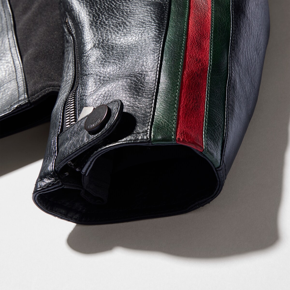 Leather biker jacket with Web detail in black | GUCCI® SA