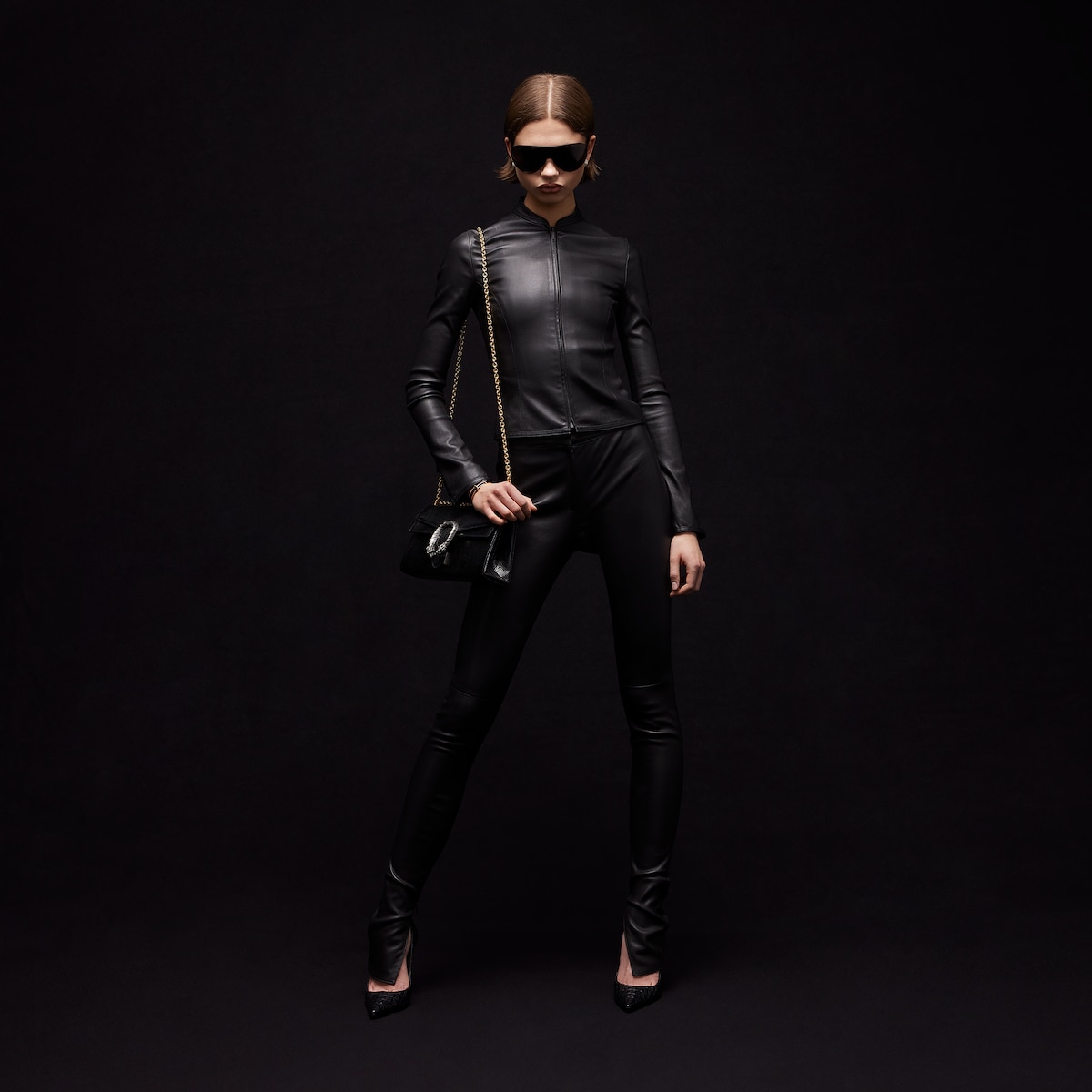 Light stretch leather zip jacket in black | GUCCI® UK