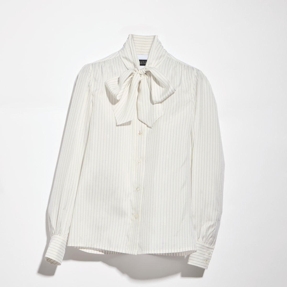 Gucci pinstripe silk shirt with bow in white and light blue | GUCCI® AE