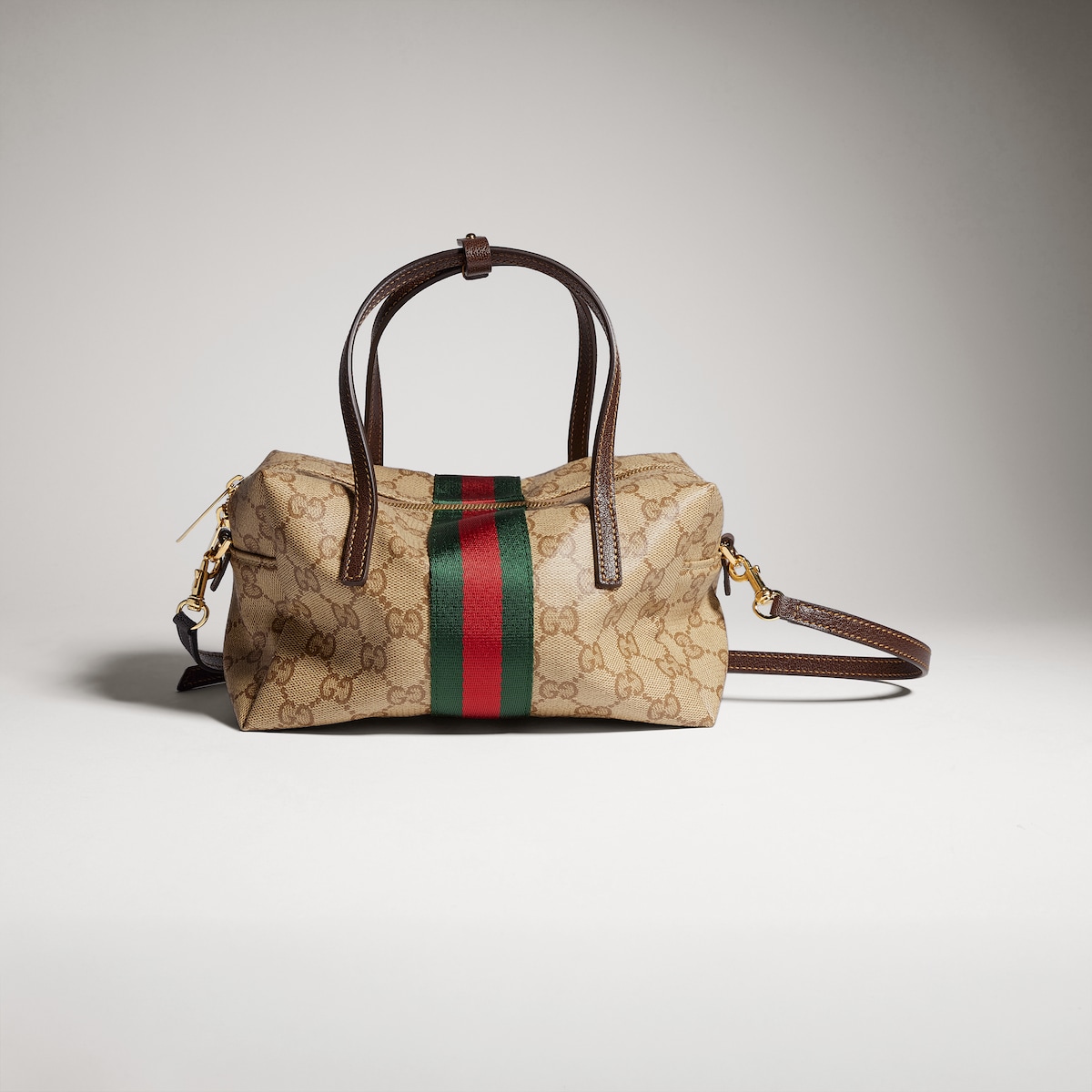Mini boston bag with Web in sand and brown GG canvas | GUCCI® US