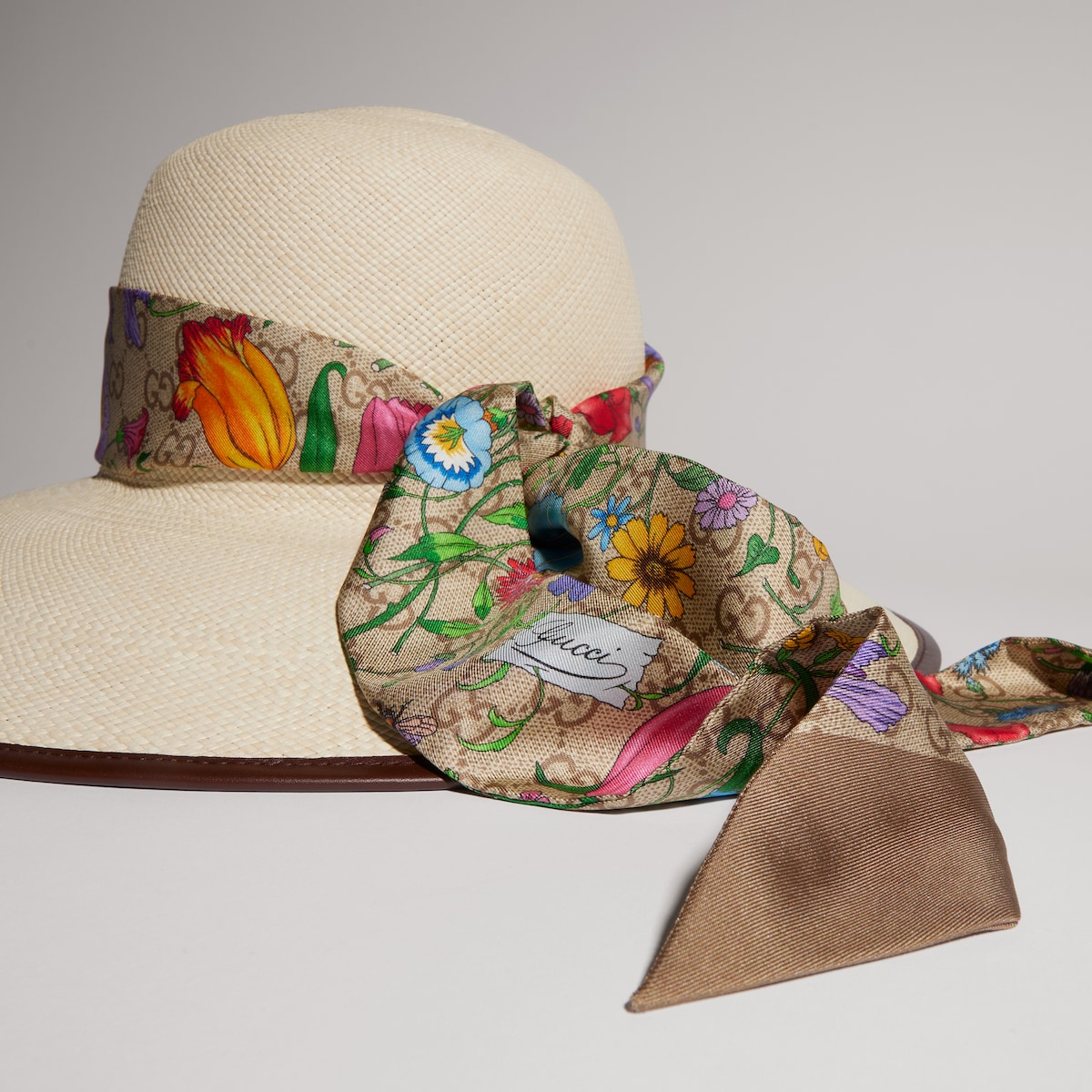 Panama twill hat with silk ribbon in light beige | GUCCI® AU