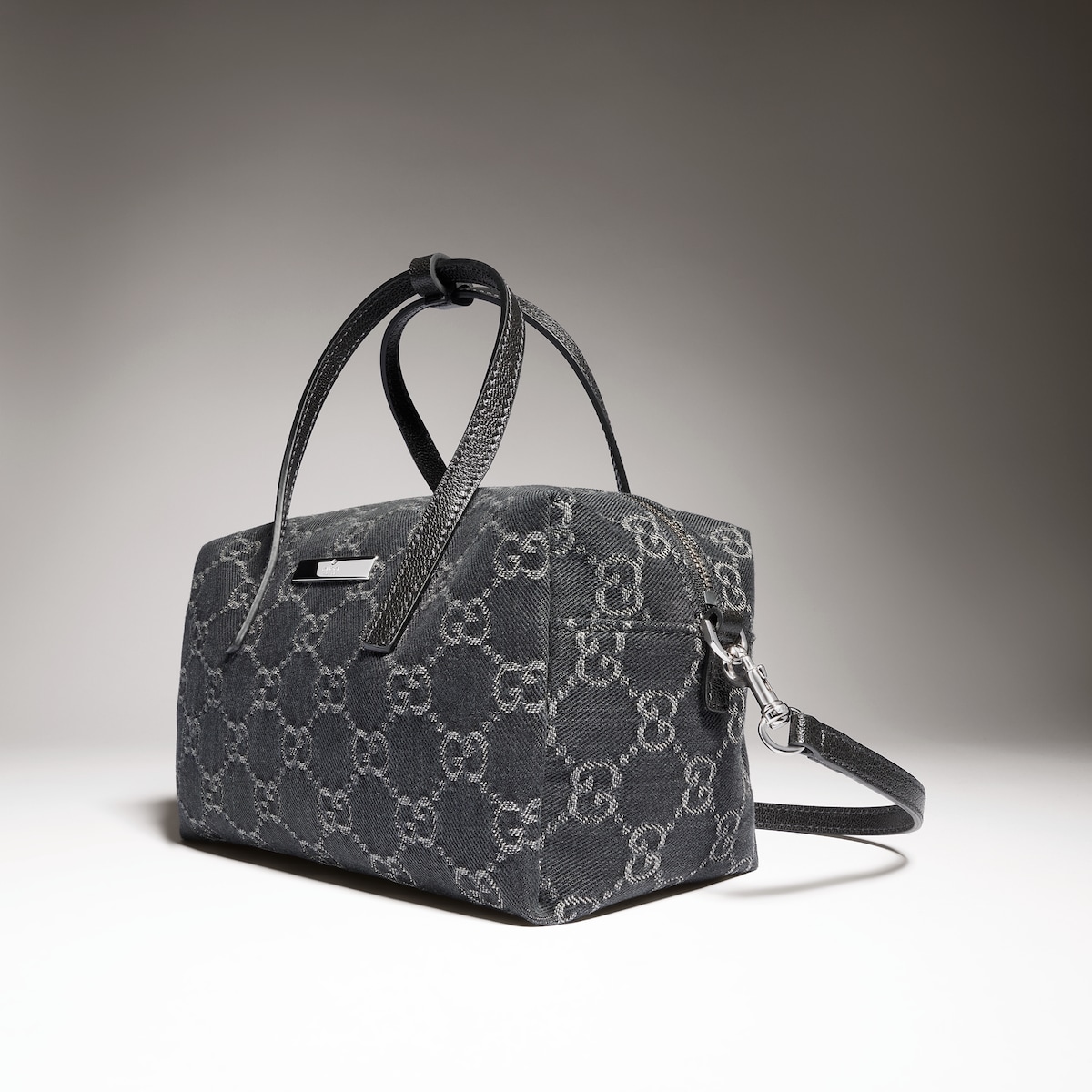 Small boston bag with Gucci plaque in black GG denim | GUCCI® SA