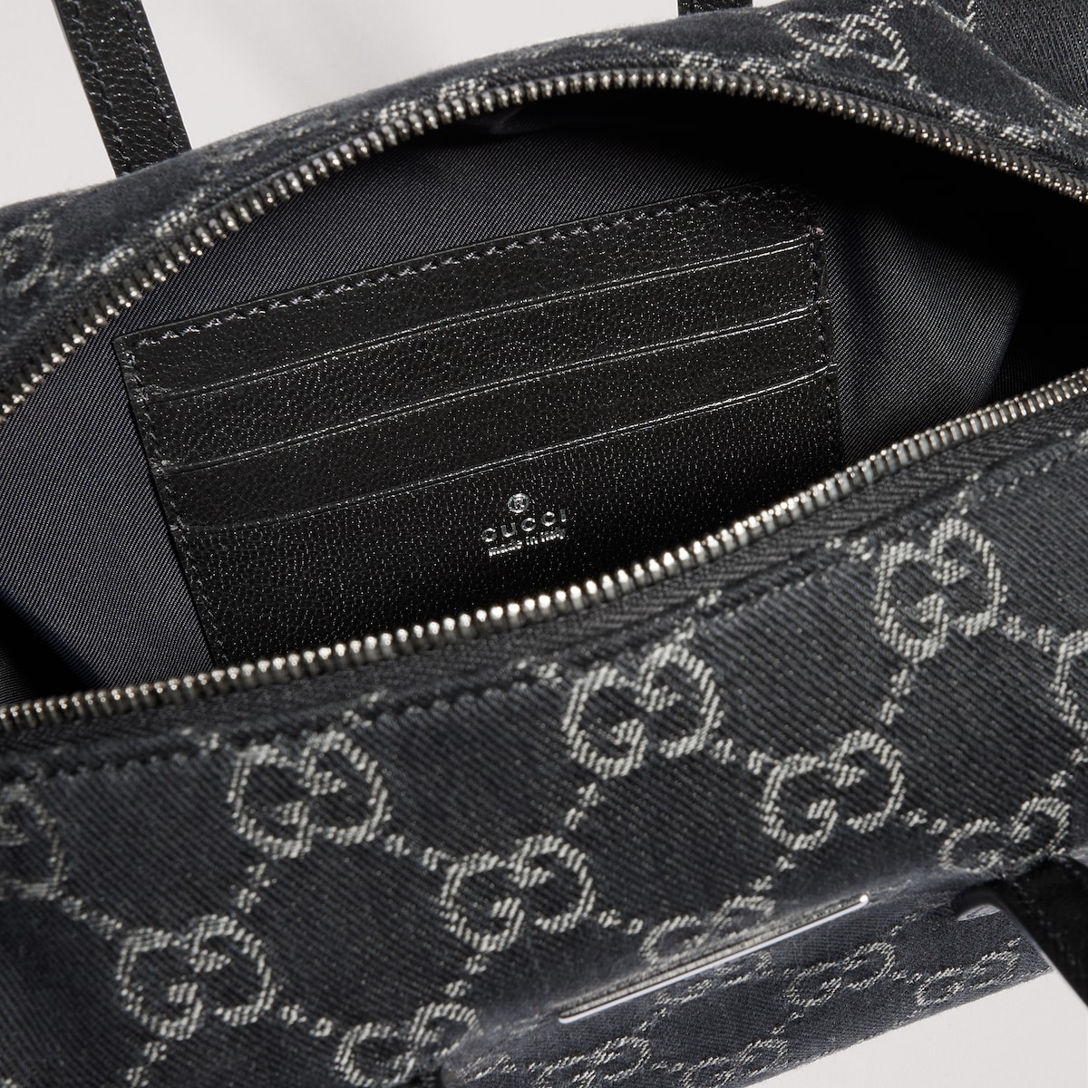 Small boston bag with Gucci plaque in black GG denim | GUCCI® SA