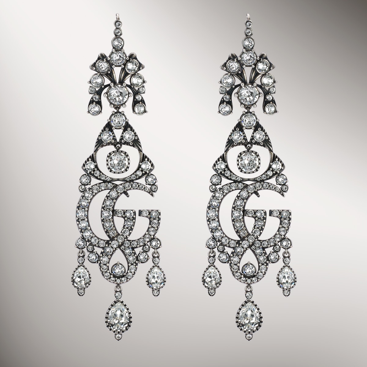 GG Marmont crystal chandelier earrings in palladium-toned brass | GUCCI® AE