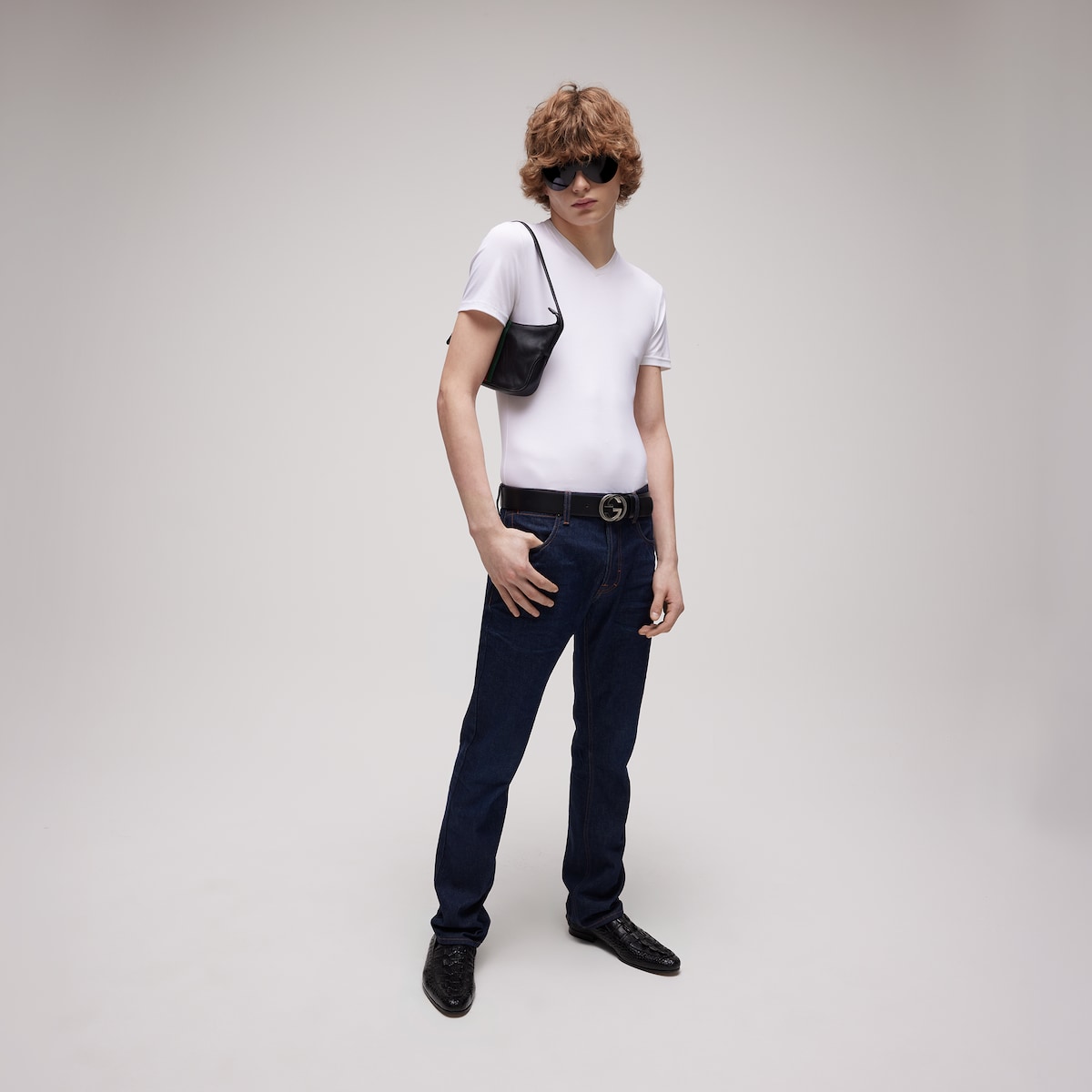 Wide belt with Interlocking G buckle in black leather | GUCCI® SA
