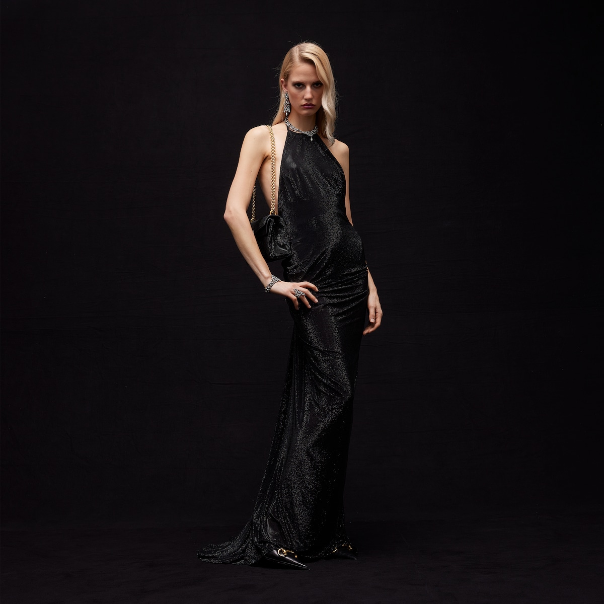 Embroidered silk stretch chiffon long dress in black | GUCCI® AE