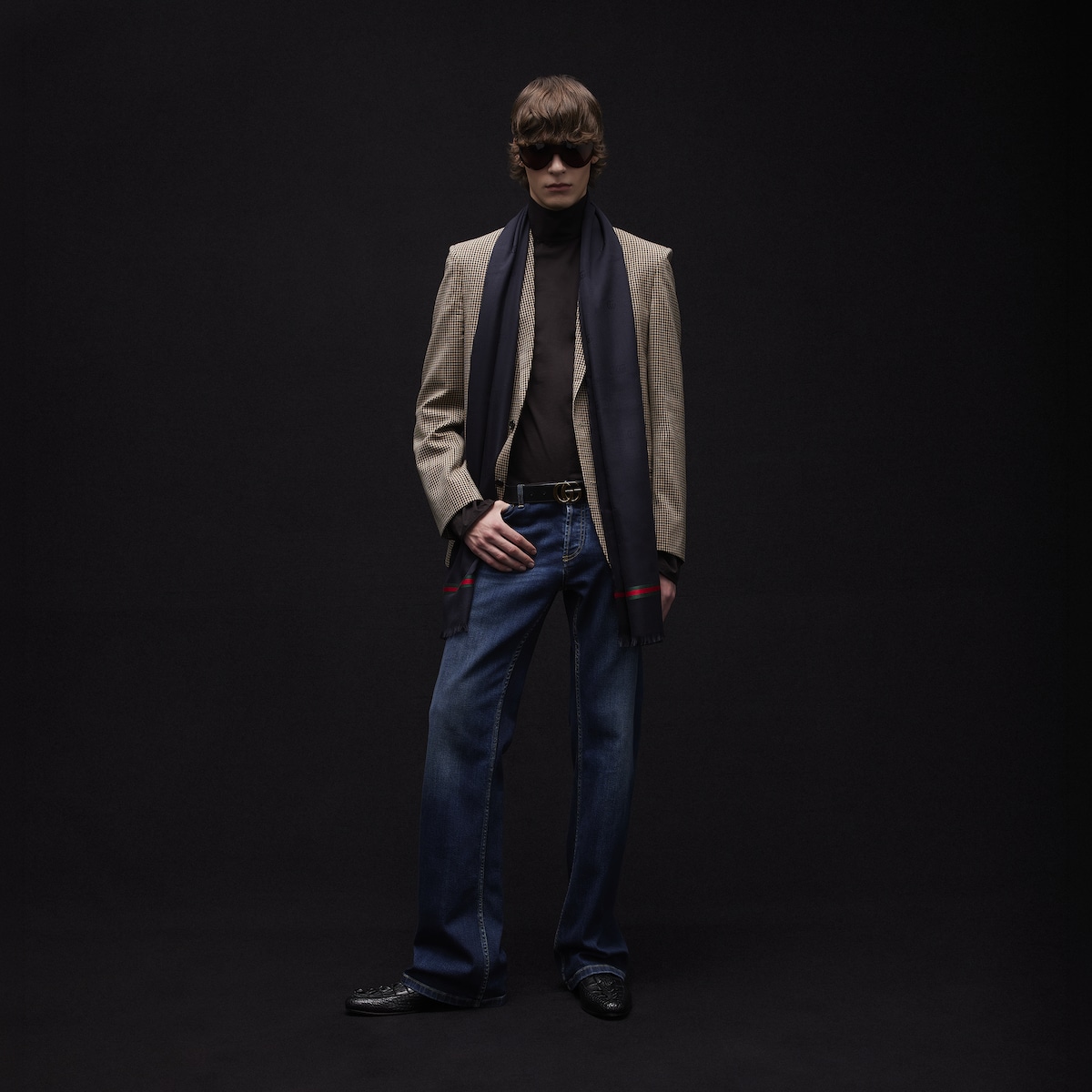 Double G silk cotton jacquard stole in dark blue | GUCCI® UK