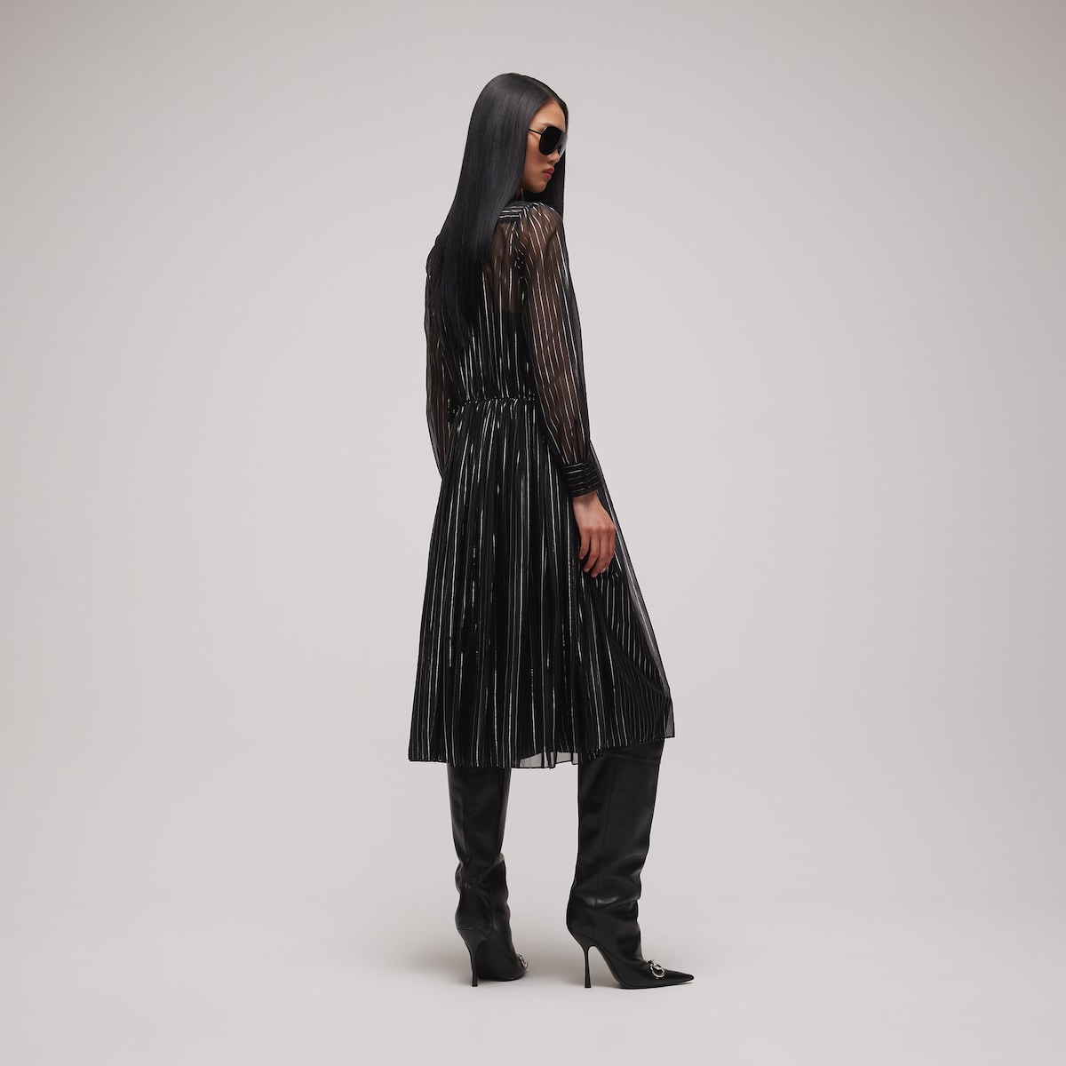 Pinstripe silk organza chemisier dress in black and silver | GUCCI® SA