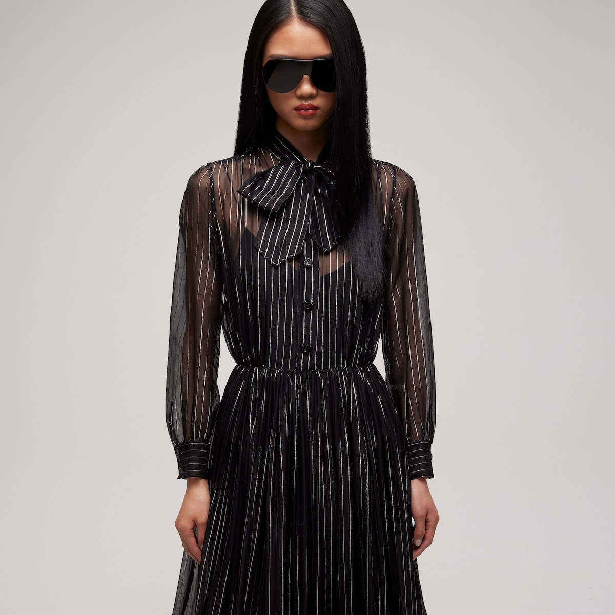 Pinstripe silk organza chemisier dress in black and silver | GUCCI® SA