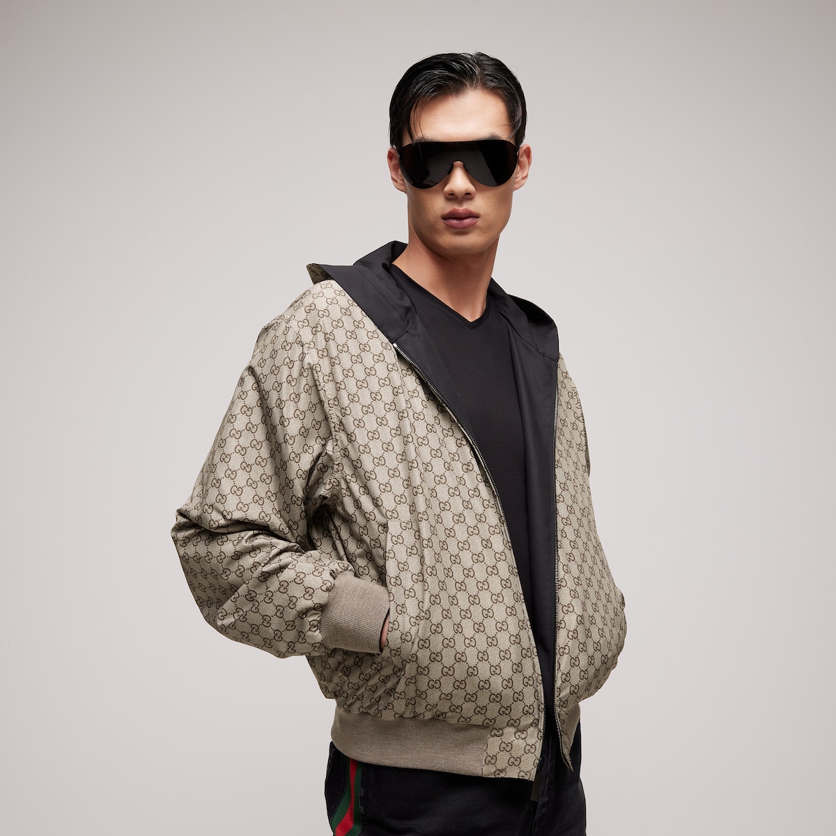 Reversible cotton canvas zip jacket in black and dark brown | GUCCI® SA