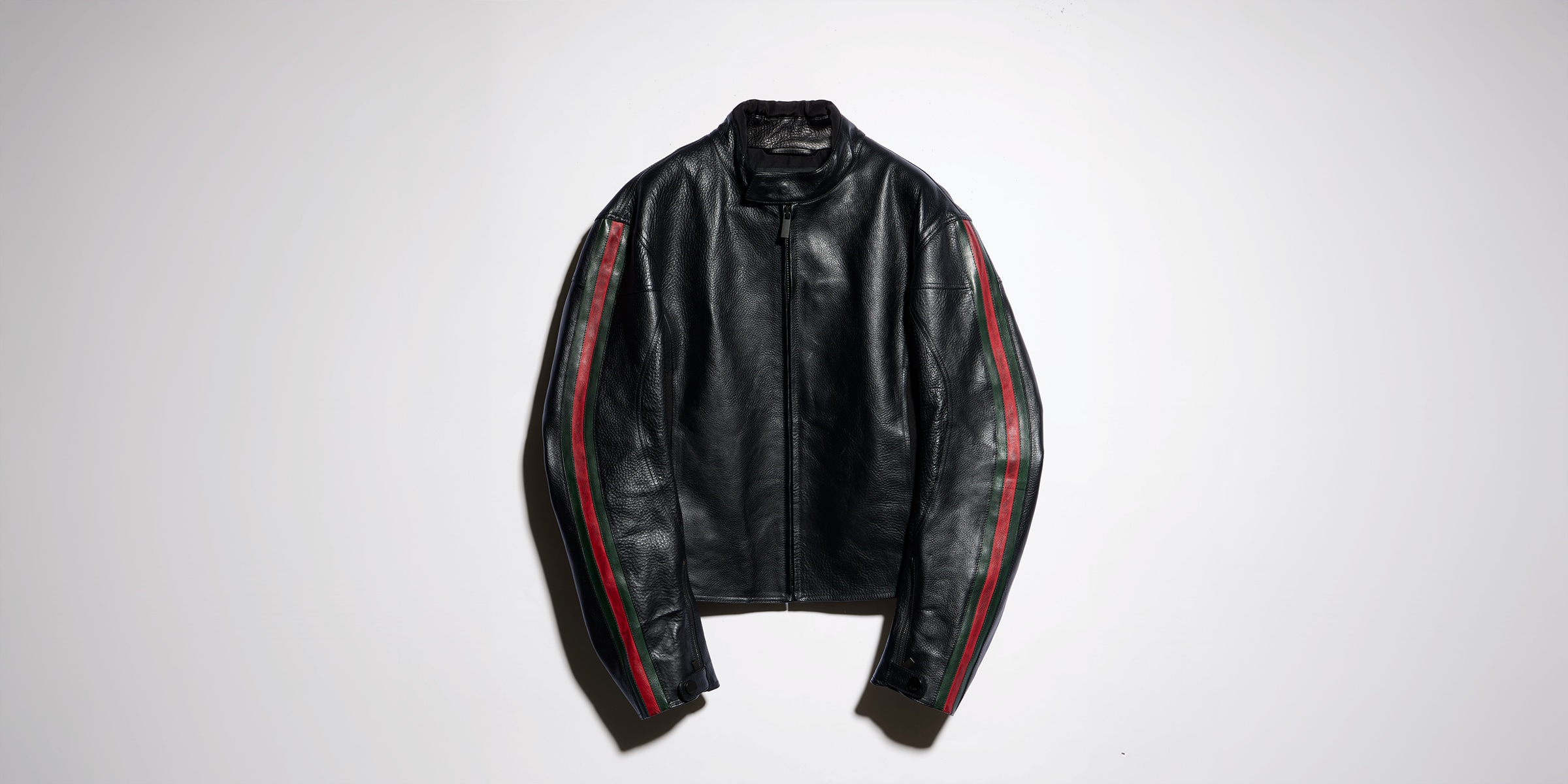 Leather biker jacket with Web detail in black | GUCCI® CA