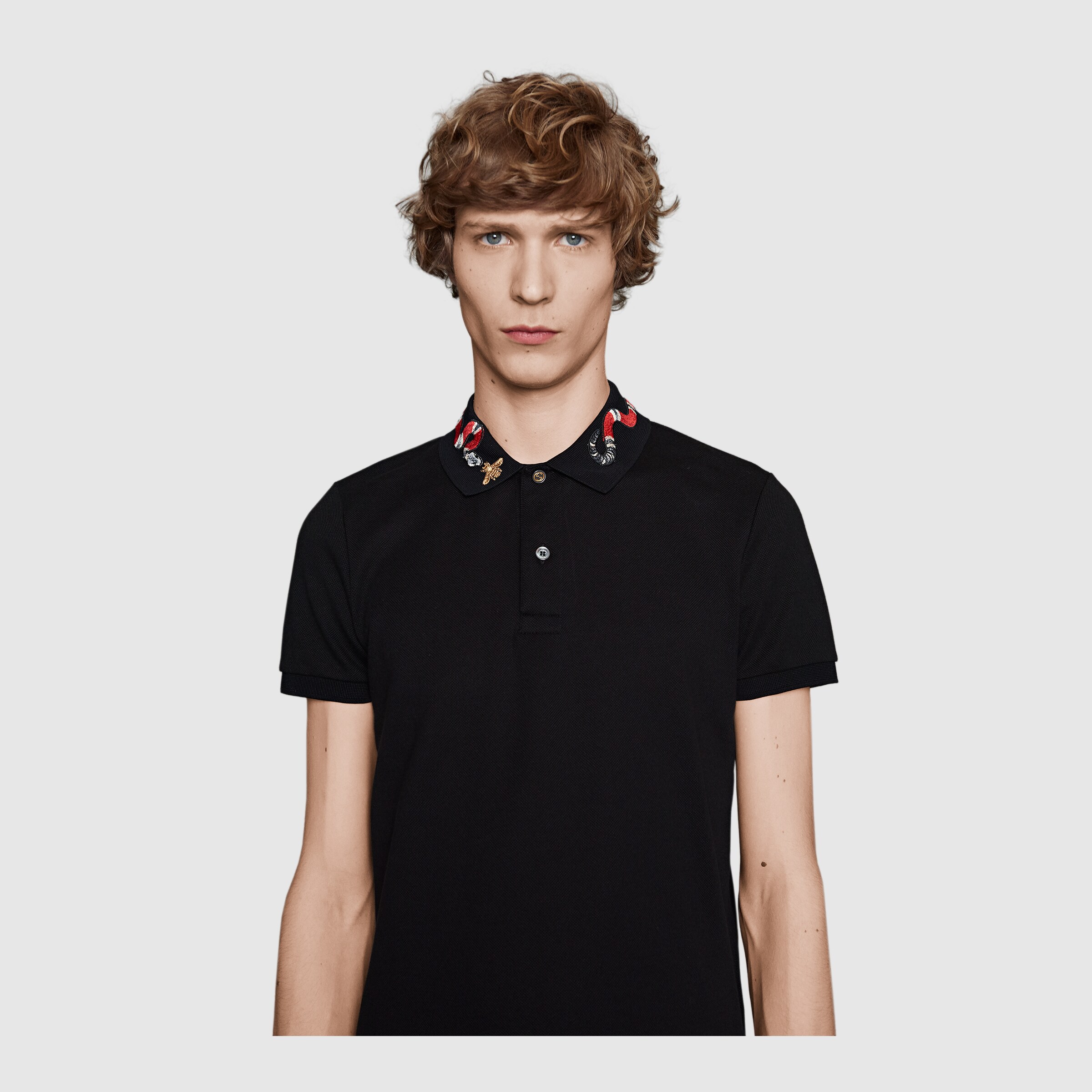 black cotton Cotton polo with Kingsnake embroidery | GUCCI® US