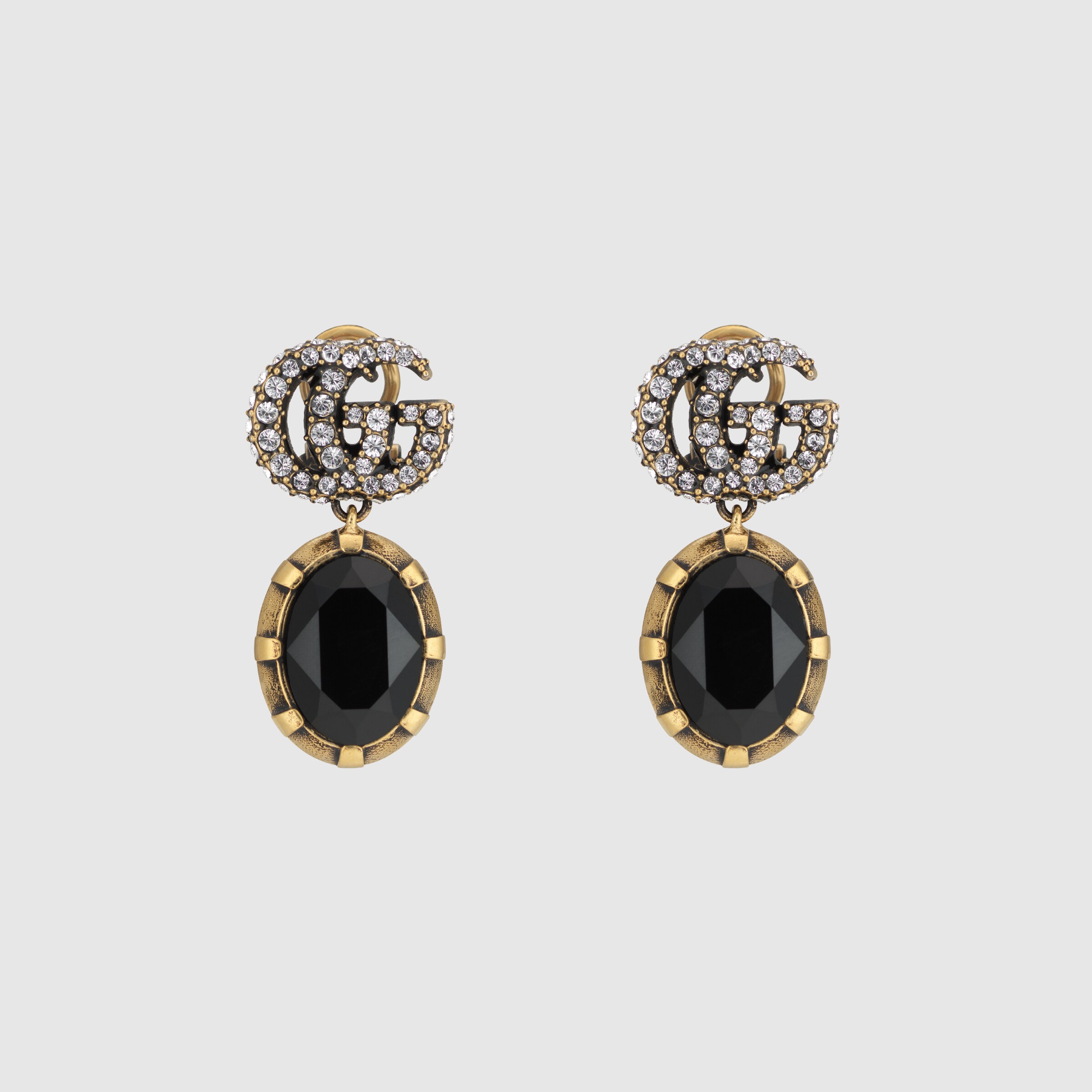 Double G Earrings With Black Crystals In Aged Gold Metal | GUCCI® Australia